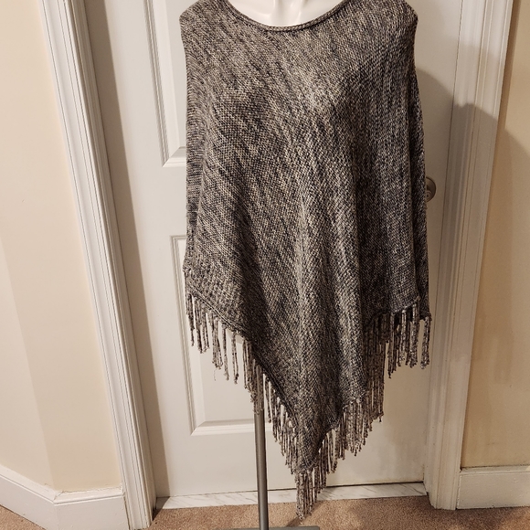Zozo | Tops | Zozo Ml Poncho Salt Pepper Style With Fringes | Poshmark
